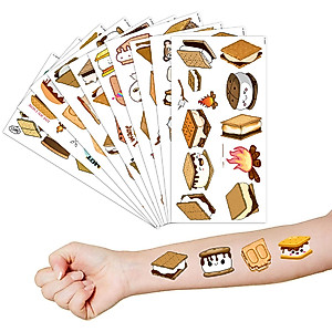 Cute Smores Temporary Tattoos Campfire Birthday Party Decorations Favors Supplies Camping Baby Shower Themed Stickers 10 Sheets 100 PCS Gifts for Kids Girls Boys Decor Class School Carnival Christmas