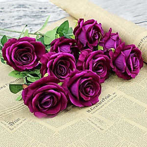 Olrla Fuchsia Artificial Rose Flower, 10 Faux Purple Roses Velvet Flower for Wedding Bouquets Home Office Garden Party Centerpiece Decoration (Purple 10)