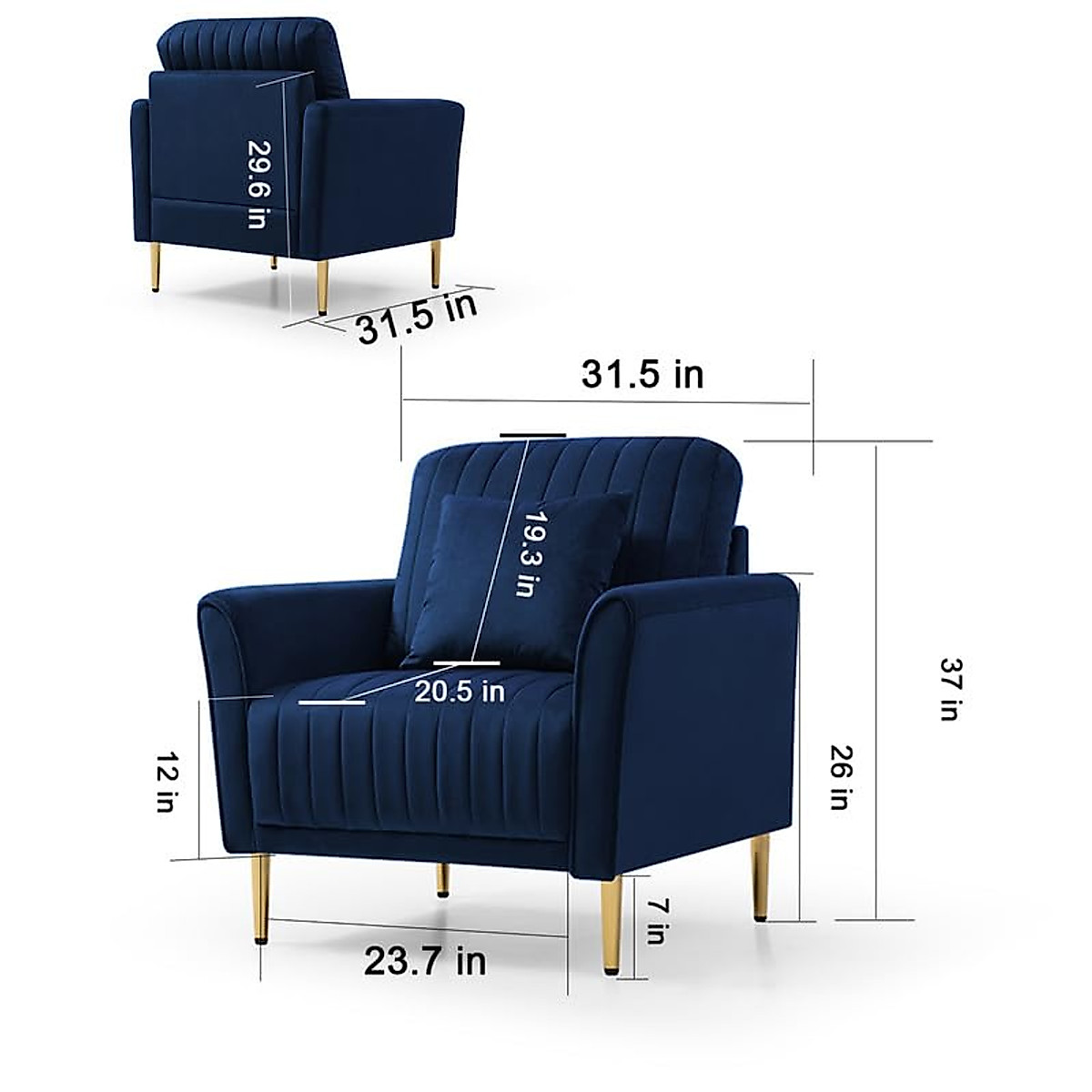 Accent Chair Mid Century Modern Arm Chair Bedroom Chair Living Room Reading Chairs Single Armchair Upholstered Sofa Chair with Waist Pillow for Living Room Bedroom Hotel Lounge (Blue)