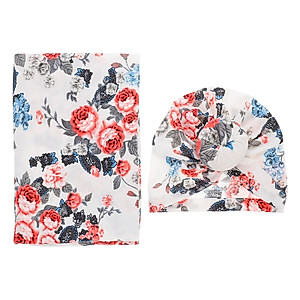 KESYOO 1 Pack Baby Swaddle Blanket with Newborn Beanie Hat Cotton Floral Receiving Blanket Wrap Bow Headband for Infant Boy Girl