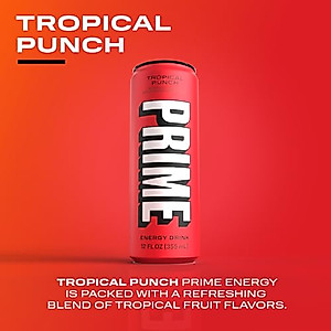 PRIME Energy TROPICAL PUNCH | Zero Sugar Energy Drink | Preworkout Energy | 200mg Caffeine with 355mg of Electrolytes and Coconut Water for Hydration| Vegan | Gluten Free |12 Fluid Ounce | 12 Pack