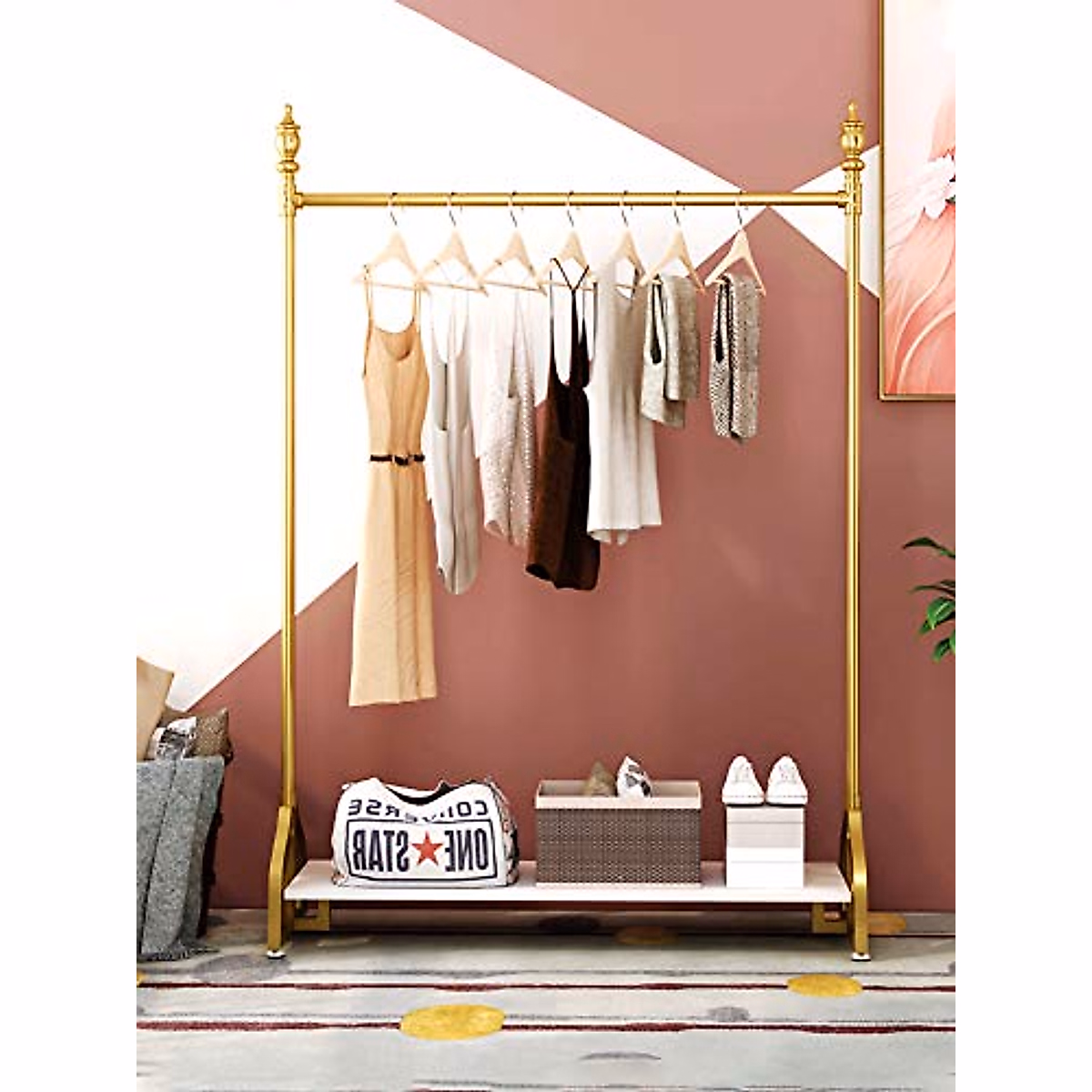 FONECHIN Clothing Display Rack Garment Rack with Bottom Shelf Heavy Duty Clothes Rack Retail Hanging Rack Closet Organizer for Boutique Gold 47"