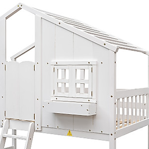 BOVZA Twin Over Twin House Bunk Beds with Roof and Window Door, Window Box, Ladder, Wood Playhouse Bunk Bed for Kids Girls Boys Teens, White