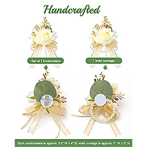 Rose Wrist Corsage and Boutonniere Set Artificial Corsage Wristlet Bracelet for Wedding Decorations Prom Ceremony Accessories (2pcs, Champagne)