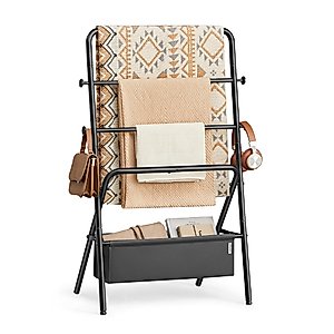 VASAGLE Freestanding Towel Rack, Foldable Blanket Holder, Towel Holder with 4 Hooks, Fabric Basket, 39 Inches High, for Bedroom, Living Room, Bathroom, Ink Black and Slate Gray ULLS020B01