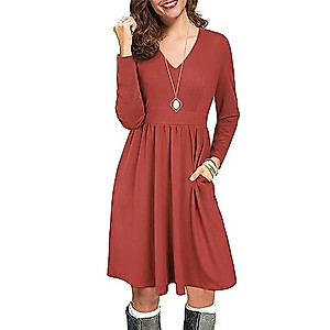 ULTRANICE Women's Fall Casual Long Sleeve Dresses V Neck Business Work Winter A Line Church Dress with Pockets 2023(Red E,XL)