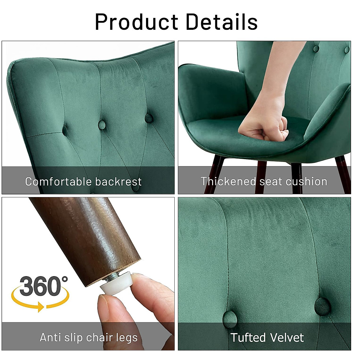 Velvet Accent Chair, Modern Wingback Vanity Chair Tufted Armchair Upholstered Tall Back Desk Chair with Arms Solid Wood Legs Lounge Leisure Chair for Living Room Bedroom Waiting Room (Dark Green)
