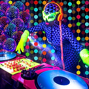 Glow In The Dark Party Supplies Glow Party Neon Party Supply Set, 98.4ft 6Rolls Blacklight Luminous Tape 14.4ft Neon Streamers Garland 25Pcs Fluorescent Neon Balloon Decor(Clear,Dot)