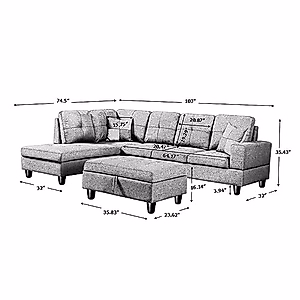 OPTOUGH L-Shape Fabric Sectional Couch for Living Room,Left Consort Sofa with Moveable Storage Ottoman and Two Pillows, Gray