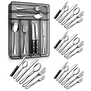 Teivio 24 Piece Silverware Set, Flatware Utensils Set Mirror Polished, Dishwasher Safe Service for 4, Include Knife/Fork/Spoon/Steak Knife/Wire Mesh Steel Cutlery Holder Storage Trays (Black Tray)