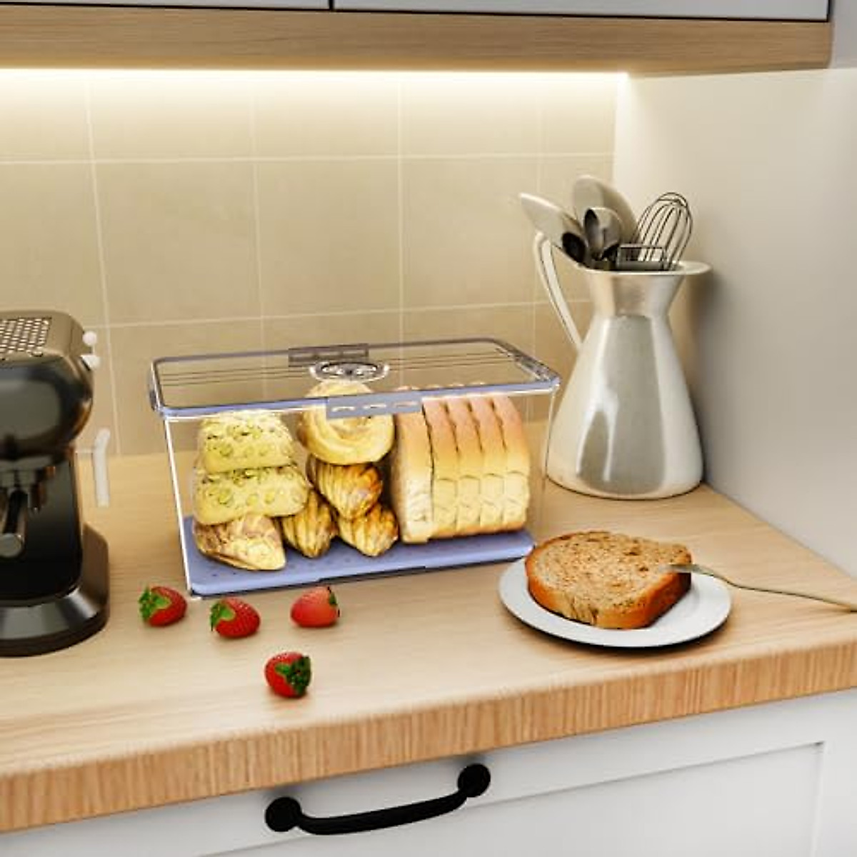 Bread Box for Kitchen Counter Airtight with Bread Bag & Tongs, Bread Storage Container with Time Recording Lid for Homemade Bread, Bread Keeper for Loaf, Toast, Bagel, Donut, Bread Saver Holder (Grey)