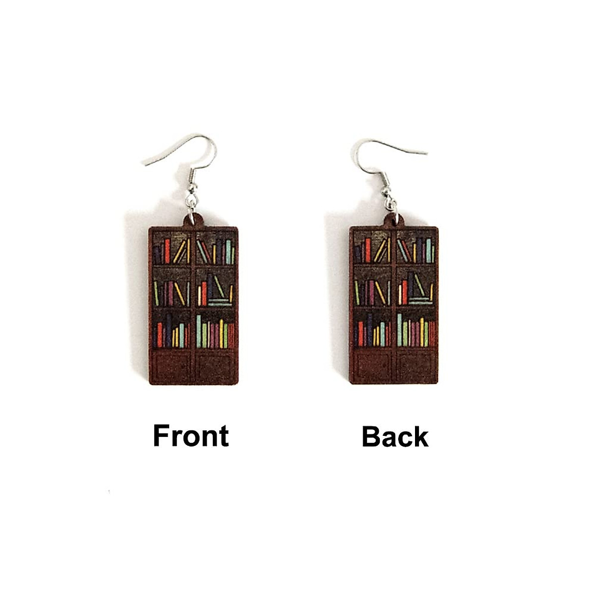 twinkle eye Double Sided Bookcase Wooden Earrings, Bookcase Dangle Earrings With Book Shelves Patterned Pendant Earrings, Gifts For The Beginning Of School Season