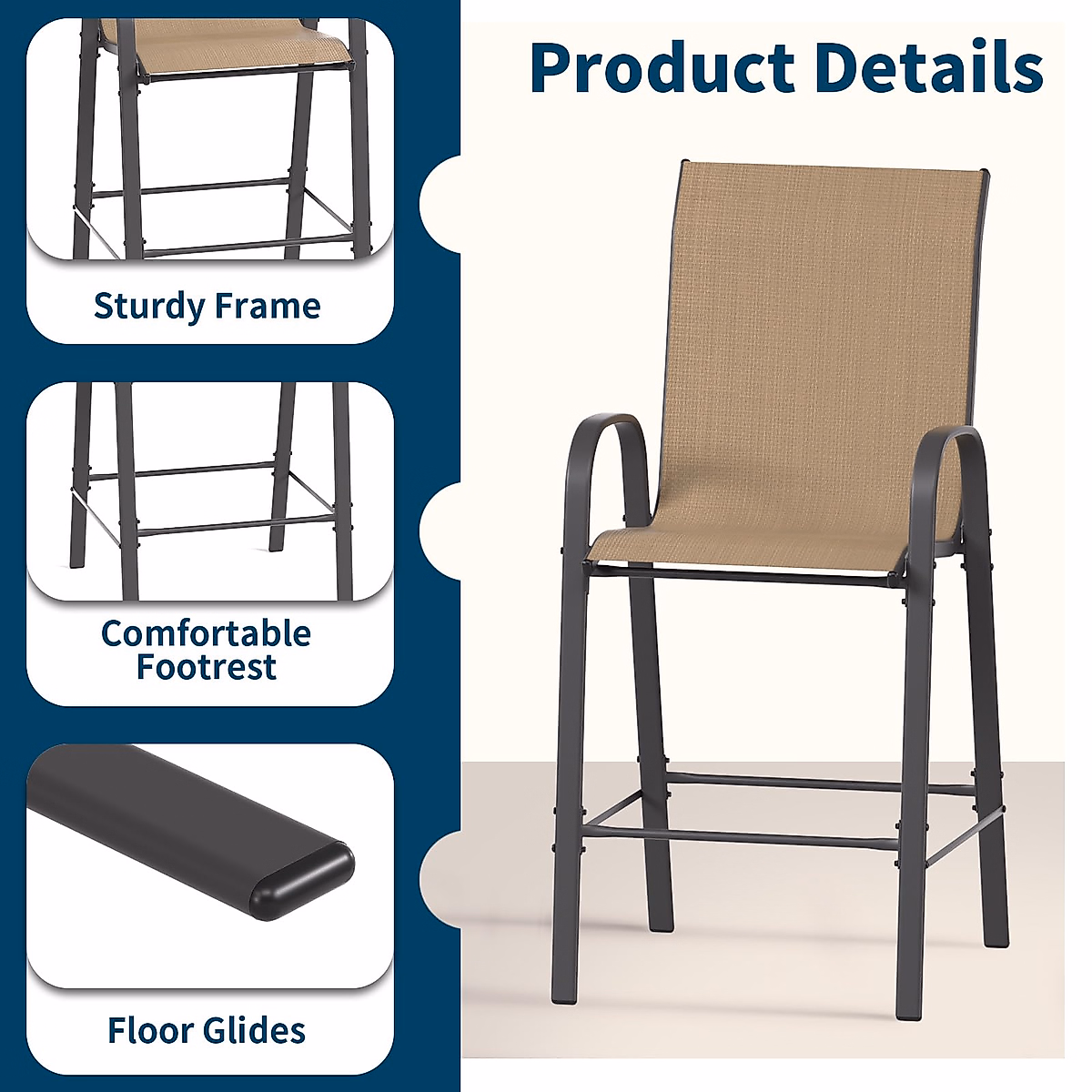 Amopatio 5 Piece Patio Bistro Set with 4 Bar Chairs and Glass Table, All-Weather Textilene Patio Bar Stools, Sturdy Outdoor High Top Table and Chairs for 4 for Backyard, Porch, Balcony, Brown