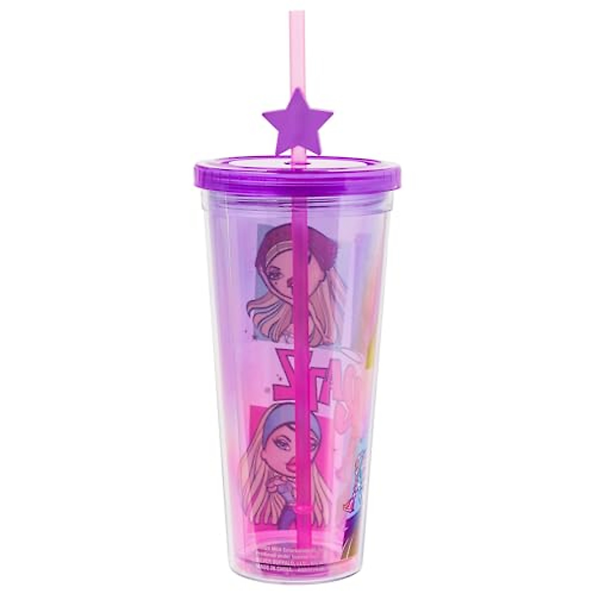 Silver Buffalo Bratz Dolls Featuring Cloe, Yasmin, Jade, and Sasha Pink and Purple Plastic Cold Cup with Lid and Straw Topper, 24 Ounces