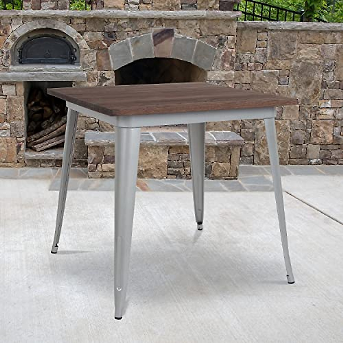 Flash Furniture Toby 31.5" Square Silver Metal Indoor Table with Walnut Rustic Wood Top