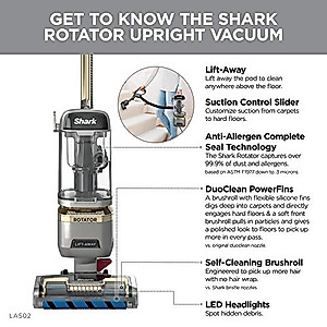 Shark LA502 Rotator Vacuum Vacuum with Self Brushroll Powerful Pet Hair Pickup and HEPA Filter, Lift-Away Upright w/Duo Clean, Silver