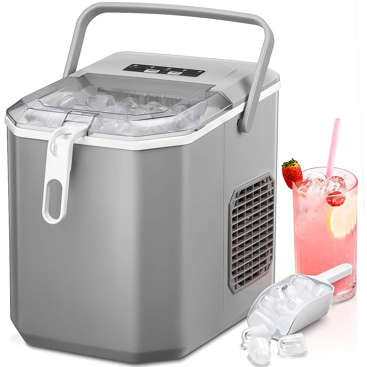 Xbeauty Countertop Ice Maker 6-Minute Fast Bullet Ice, Portable Double-Handle Removable Handle, Automatic-Cleaning Suitable for Outdoor Camping Bar Party and Kitchen-Grey