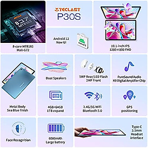 TECLAST Android 12 Tablet 10 inch, Tablets P30S 4GB RAM+64GB ROM(TF 1TB), 8-Core Processor 2.0GHz, 2.4G&5G WiFi Tablet, Face Recognition, Dual Cameras, BT5.0, GPS, Google GMS Certified