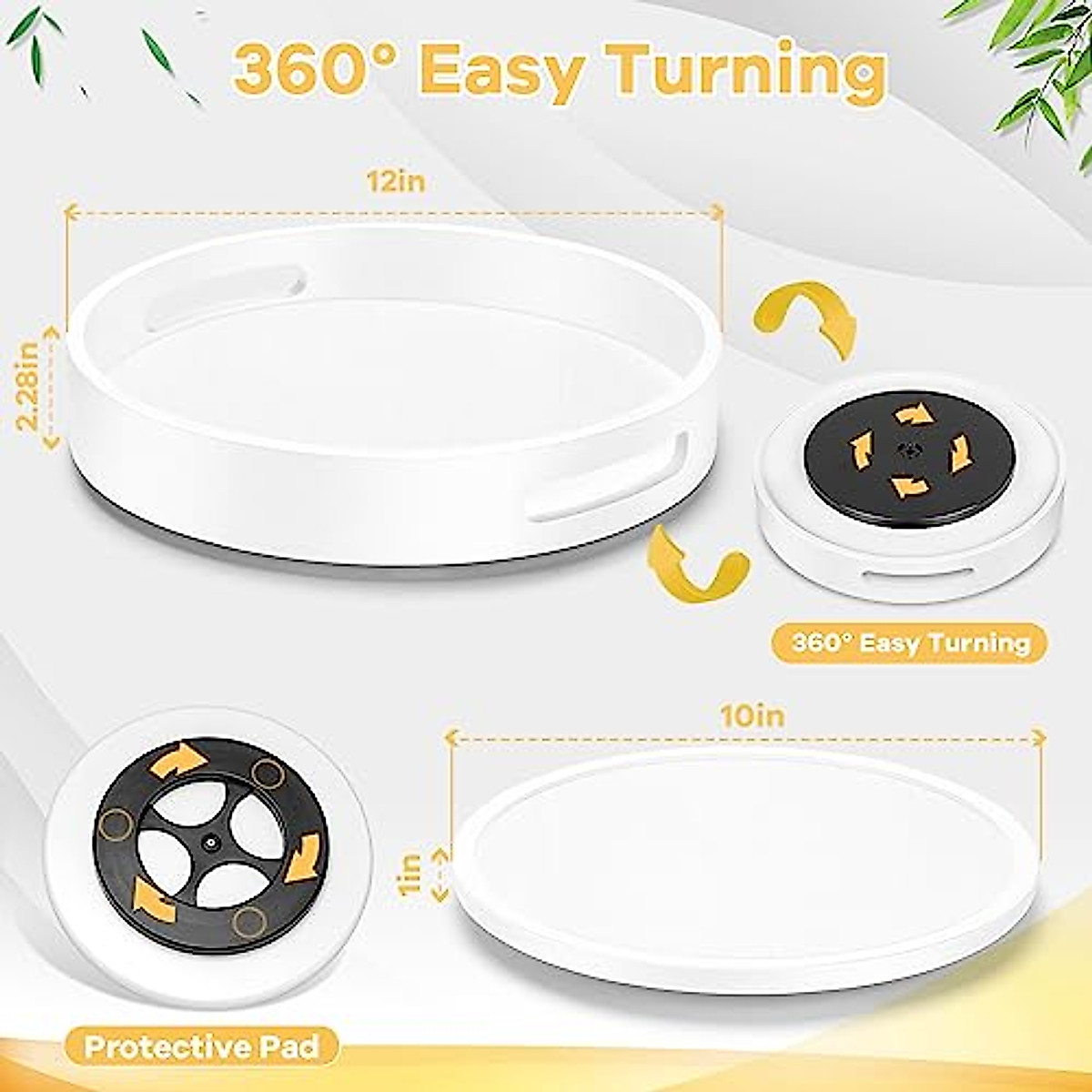 Lazy Susan Organizer for Countertop, 12 Inch & 10 Inch Bamboo Condiment Organizer, Wooden Lazy Susan Turntable Organizer for Cabinet Pantry Kitchen Counter Dining Table Cupboard, Decorative Tray White