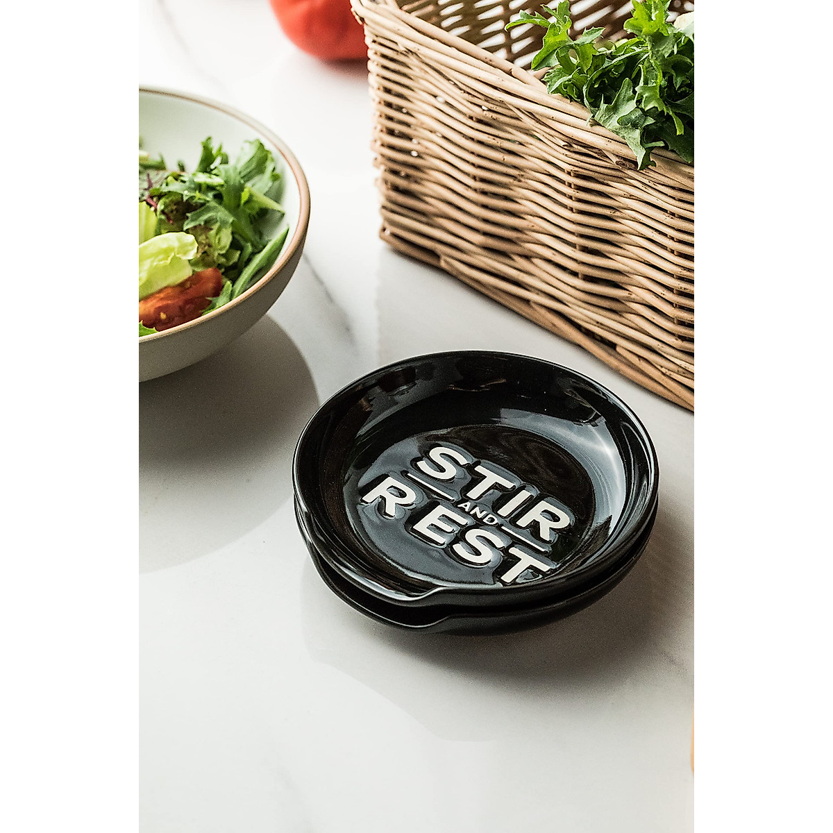 Miamolo Spoon Rest for Stove Top, Kitchen Decor for Farmhouse, Cooking Ladle/Spatula/Spoon Holder, Utensil Rest for Countertop Deep Tray Prevent for Spill Black and White 5 inch as Christmas Gift