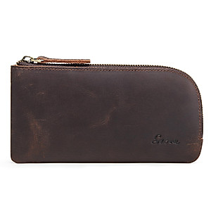 S-ZONE Top Grain Leather Pencil Pouch Small Zipper Bag for Pens Makeups Change Coins