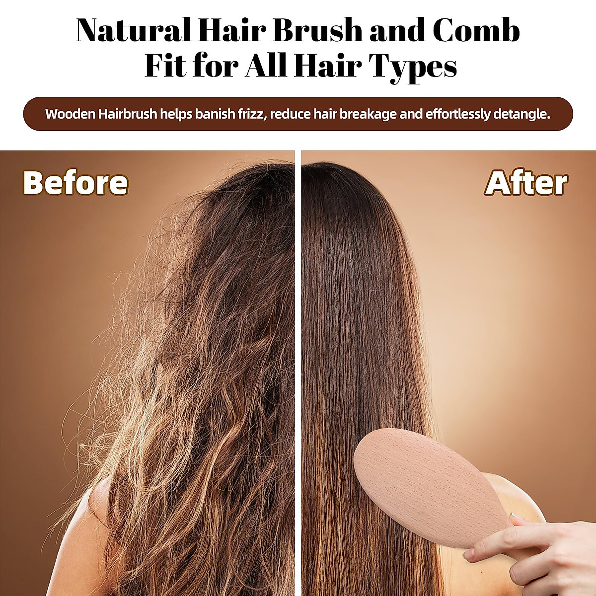 vklw Wooden Hair Brush and Comb, One-piece Design, Reduce Frizz and Static, Massage Scalp, Detangling Paddle Hairbrush for Women, Girls, Kids, Includes Cleaning Claw, 5 Wood Bristles