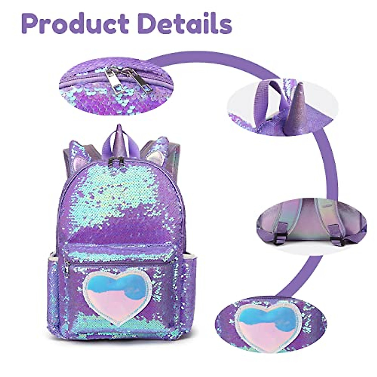 Muizary 3Pcs Cute Unicornios Backpack Set with Lunch Bag, Elementary Knapsack Rainbow Sequins bookbag for Girls and Woman -L(blue)