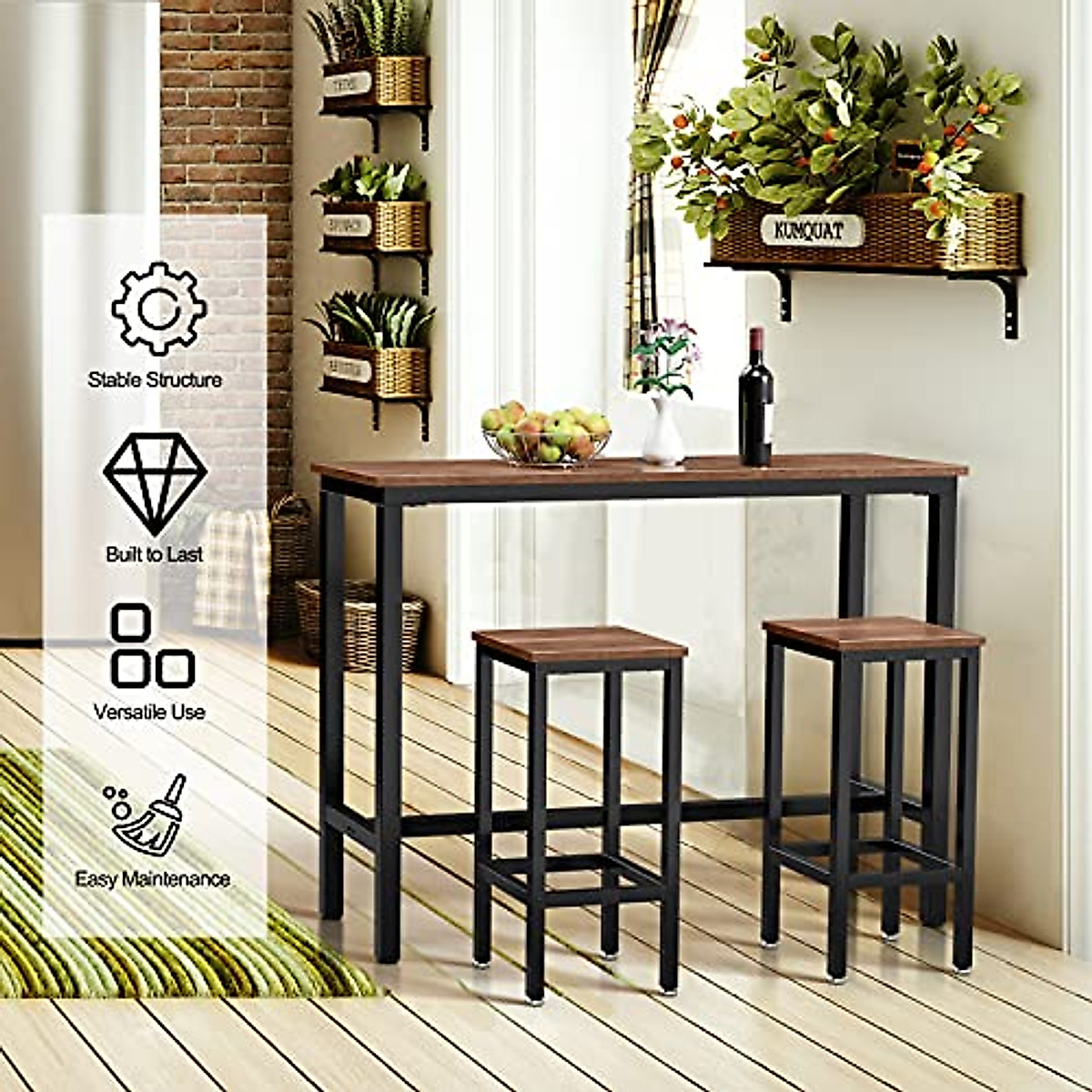 COSTWAY 3-Piece Bar Table Set, 39.5” Bar Table with 2PC 28” Bar Stools, Pub Height Dinning Table Set with Counter Height Backless Stools, Breakfast Table Set for Apartment/Bistro/Pub (Rustic Brown)