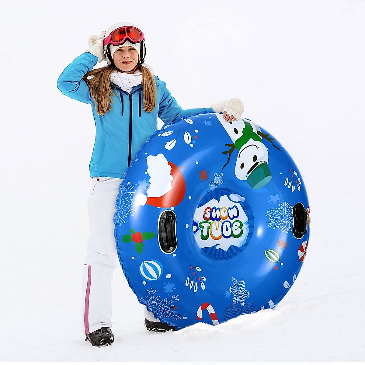 BESPORTBLE 120cm Snow Sleds PVC Inflatable Snow Tube Snow Sled Winter Snow Ring with Handles for Sledding Skiing Winter Outdoor Fun Snow Games(Blue Snowman Pattern)