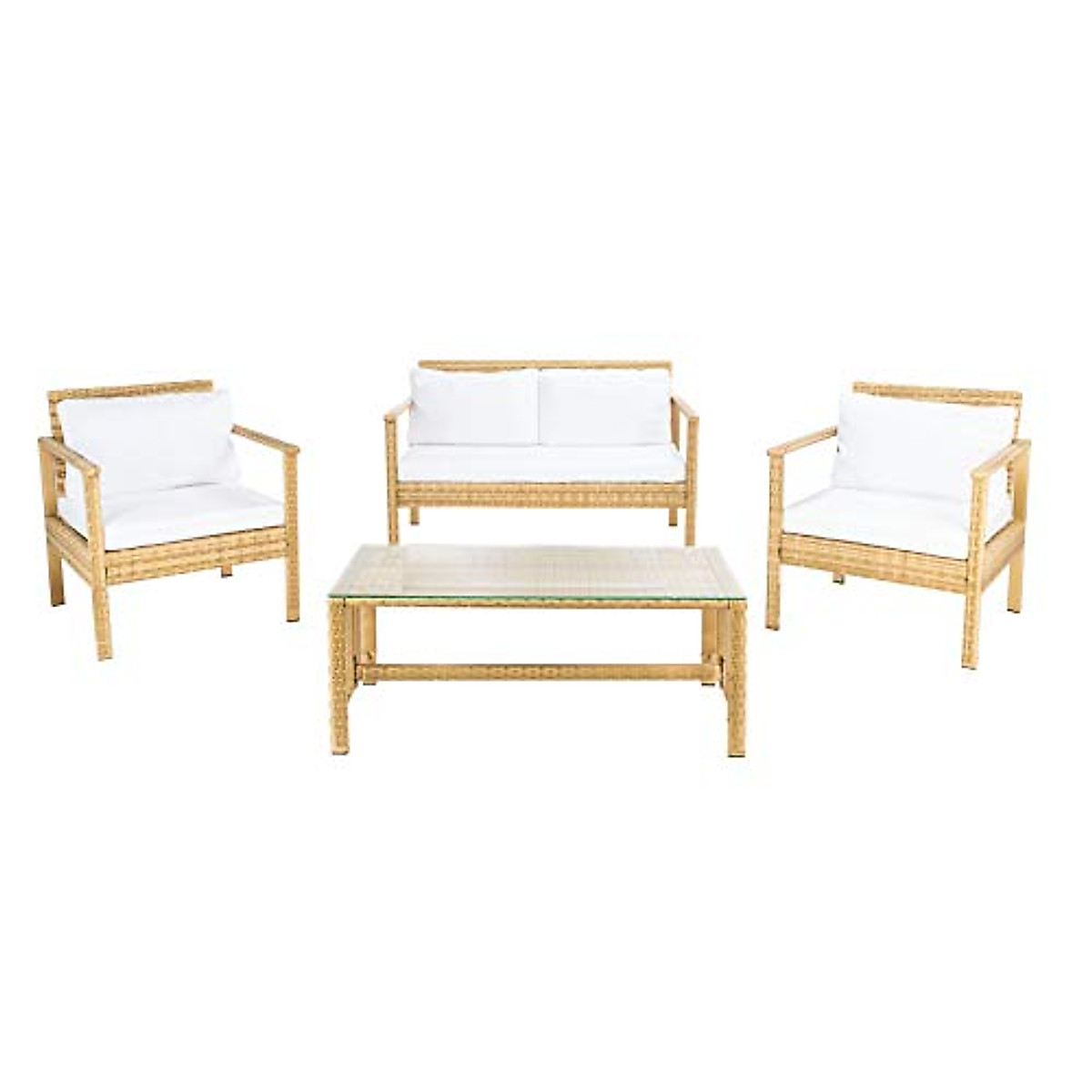 Safavieh Outdoor Collection Garnen Wicker Cushion 4-Piece Living Set PAT7714D, Natural/White