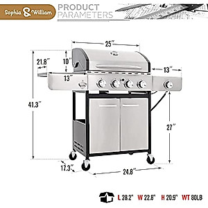 Sophia & William 4-Burner Propane Gas Grill with Side Burner and Porcelain-Enameled Cast Iron Grates 42,000BTU Outdoor Cooking Stainless Steel BBQ Grills Cabinet Style Patio Garden Barbecue Grill