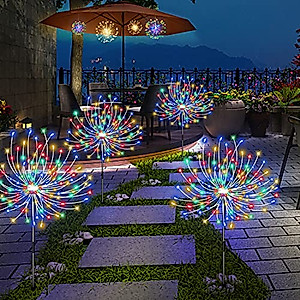 Happy Spark Solar Garden Outdoor Lights, 4 Pack Solar Firework Lights 120 LED Remote Control Decorative Lights Waterproof 8 Modes Landscape Lamp Decor Firefly Fairy Lights for Pathway Patio Yard