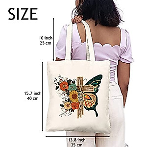 Christian Canvas Tote Bags for Women Flower Butterfly Faith Cross Shoulder Bag Shopping Bag Christian Gift White