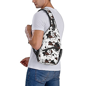Cow Print Sling Bag Crossbody Backpack,Rustic Spotted Cow Fur Texture Black Brown Cowhide Chest Bag Adjustable Shoulder Backpack Western Farmhouse Animal Skin Travel Hiking Daypack For Men Women