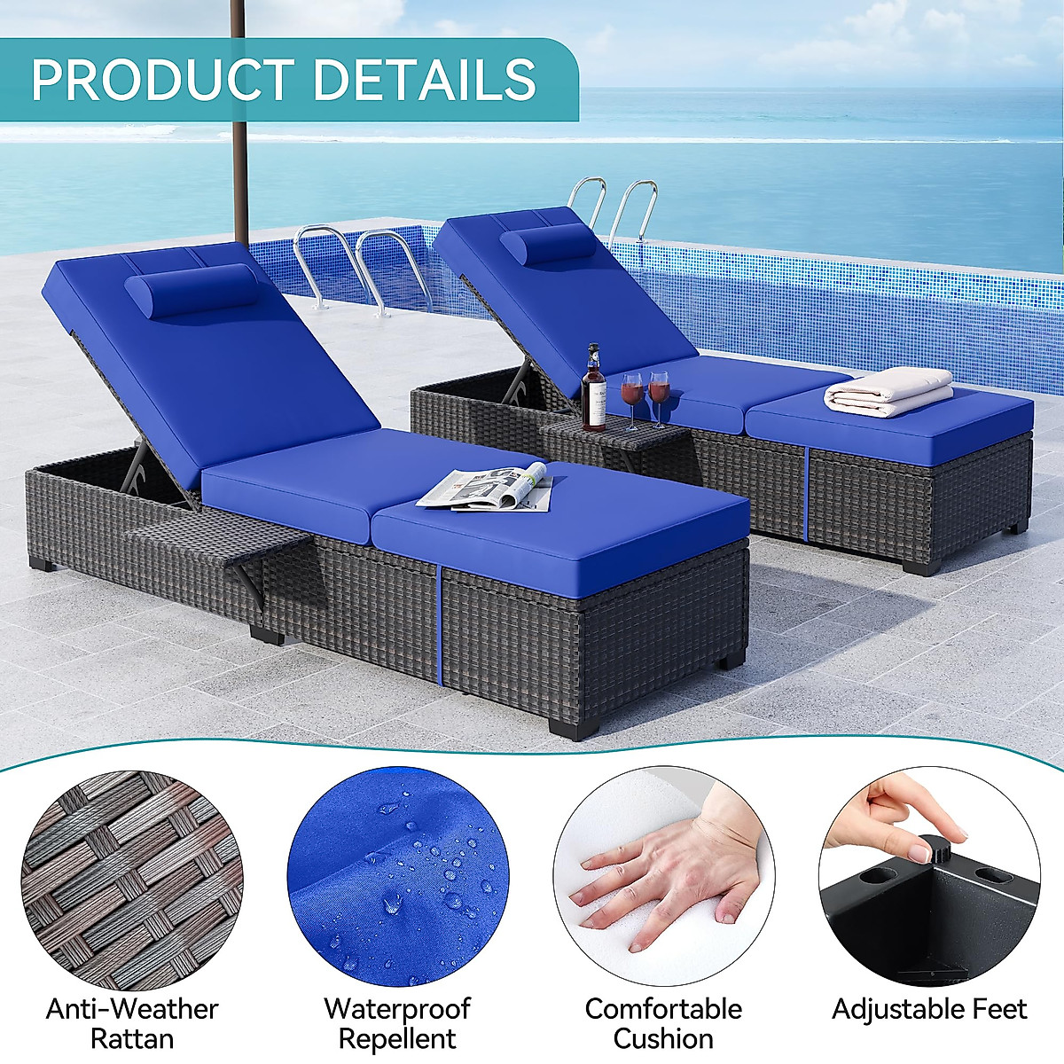 GAOMON Outdoor PE Wicker Chaise Lounge Chairs Set of 2 Patio Brown Rattan Reclining Chair Adjustable Backrest Pool Sunbathing Recliners with Cushion Cover, Navy