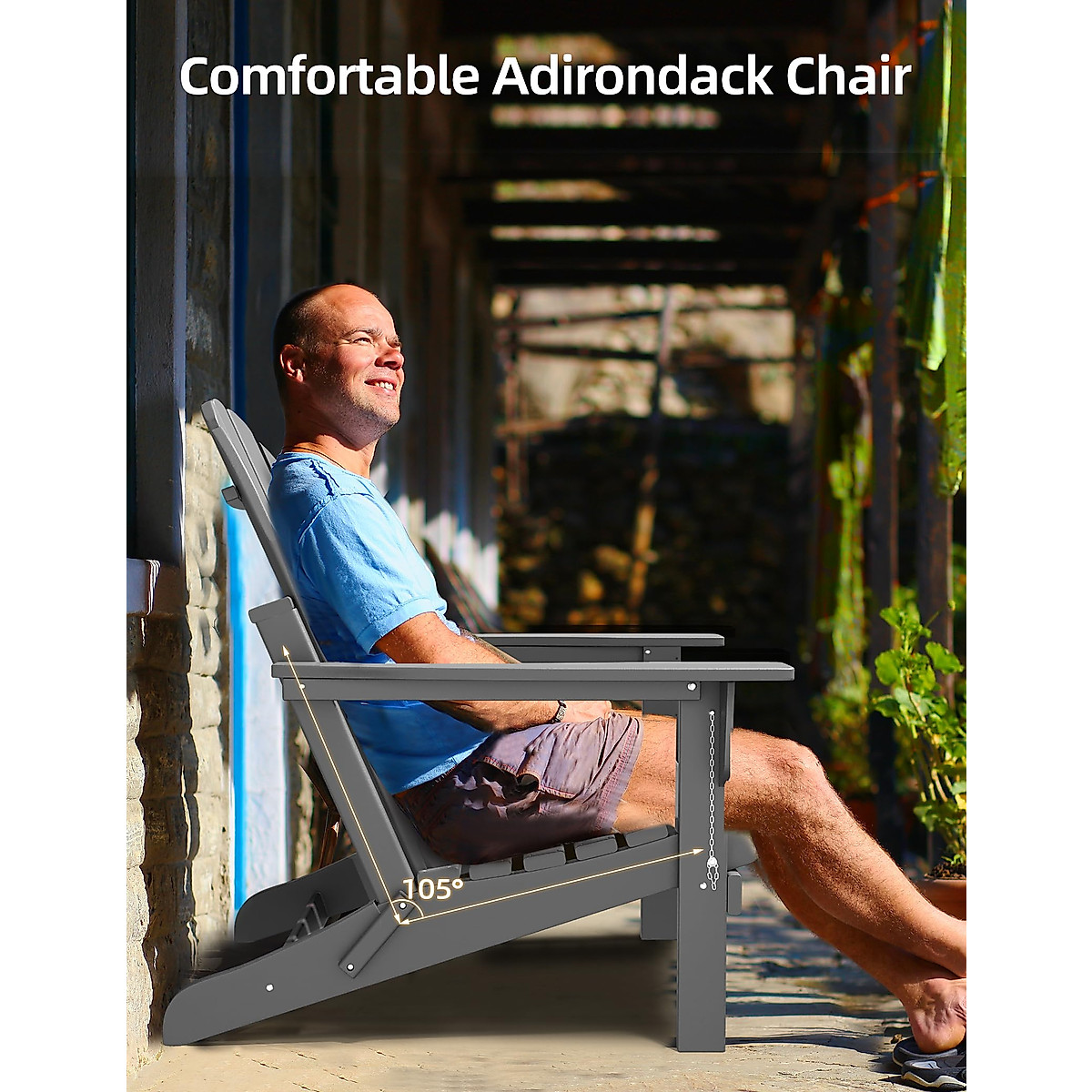 Folding Adirondack Chair - Durable HDPE Poly Lumber All-Weather Resistant, Foldable Oversized Balcony Porch Patio Outdoor Chair for Lawn, Backyard, Deck, Garden, Camping - Easy Installation, Gray