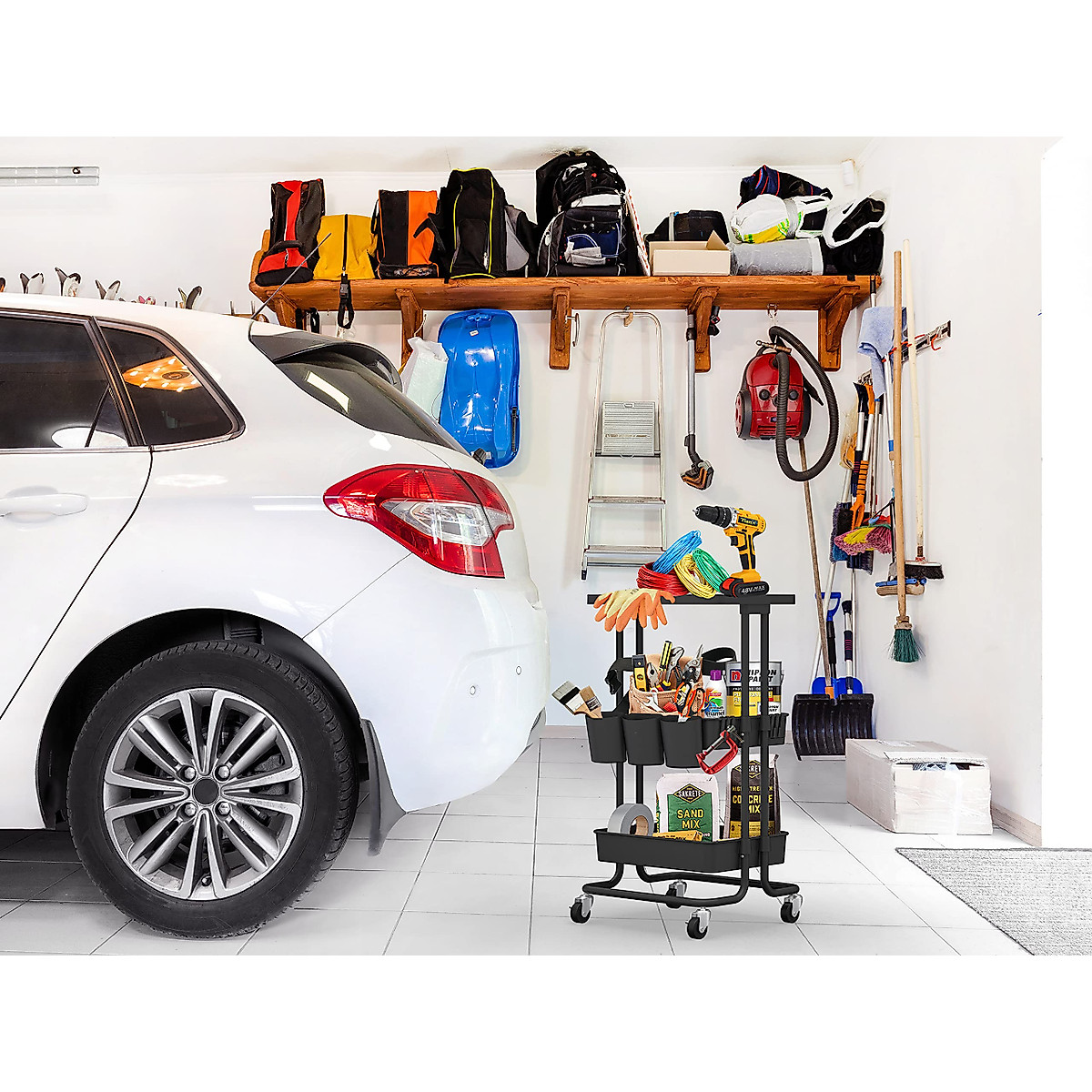 CAXXA 3-Tier Rolling Storage Organizer with Tabletop and 3 Small Baskets - Mobile Utility Cart, Printer Cart, Kitchen Cart (Black)