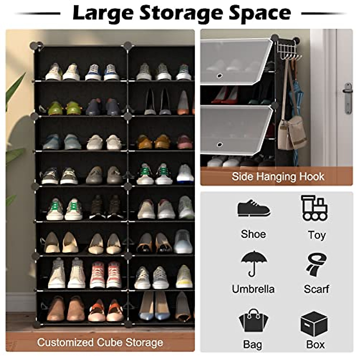 Safstar 48 Pairs 12 Cube Shoe Rack Organizer, Freestanding Shoe Storage Cabinets with Side Hanging Hook, Expandable Cube for Heels & Boots, Space Saver Shoe Racks for Closet Entryway Bedroom Hallway