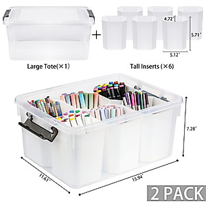 Tiawudi 2 Pack 17 QT Plastic Storage Containers with Lid, Art Supply Storage Organizer with 6 Detachable Inserts, Clear Stackable Storage Box for Craft, Lego, Crayon, Sewing, Bead and Tool