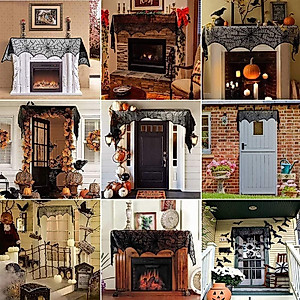 Comtraker Halloween Fireplace Mantle Decorations, Black Lace Spiderweb Fireplace Mantel Scarf Cover Garland for Festive Party Supplies Decor 18 x 98 inch (Black)