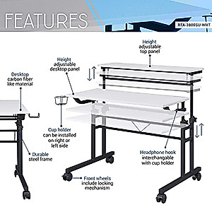 Techni Mobili Rolling Writing Height Adjustable Desktop and Moveable Shelf Desk, 25" D x 44.5" W x 28-39.75" H, White