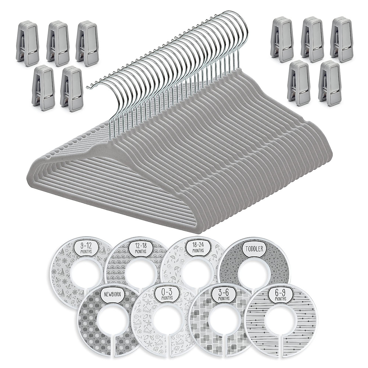 Babyrish Velvet Baby Hangers 30 Pack, Ultra Thin Nonslip Nursery Clothes Hangers with 8pcs Cute Clothing Dividers and 10pcs Hanger Clips for Kids Baby Boys & Girls Closet Organizer, Grey