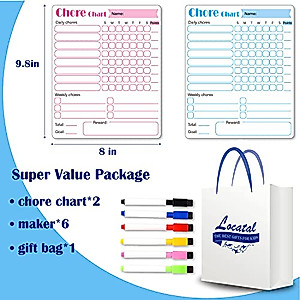 LOCATAL Magnetic Chore Chart, 2 Pcs Dry Erase Behavior Charts & 6 Markers, Reward Chart for Multiple Kids Teens Adults Family, Daily Responsibility Rewards Whiteboard for Fridge School Home Supplies