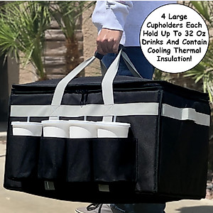 Freshie Insulated Food Delivery Bag with Cup Holders/Drink Carriers Premium, for Drivers of Door Dash, Postmates, Grub Hub, Pizza Bag, Grocery, Beverage, Commercial Quality (XXL)
