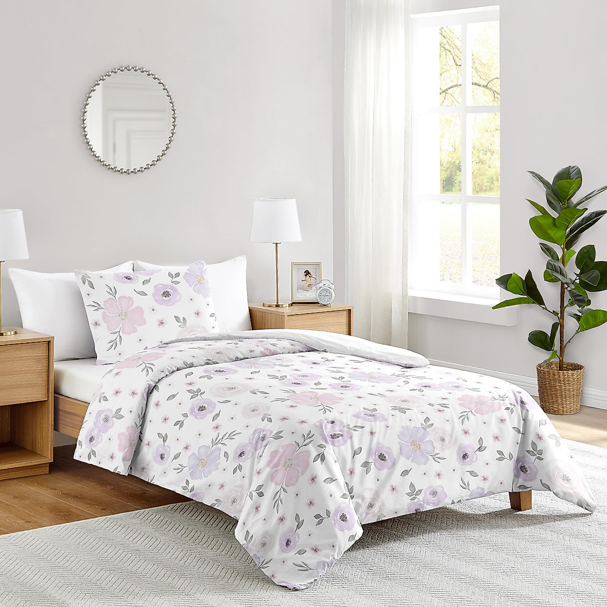 Sweet Jojo Designs Lavender Purple, Pink, Grey and White Shabby Chic Watercolor Floral Girl Twin Kid Childrens Bedding Comforter Set - 4 Pieces - Rose Flower