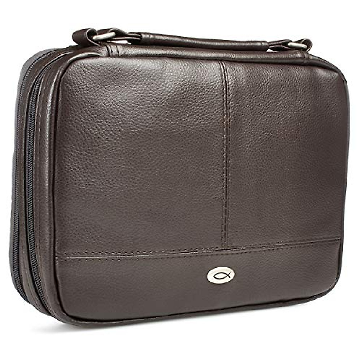 Christian Art Gifts Faux Leather Bible Cover for Men and Women | Ichthus Jesus Fish Emblem Zippered Two-Fold Organizer Case for Bible or Book w/Handle