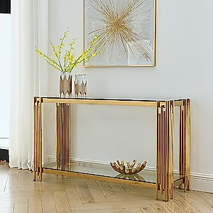 Modern Glass Console Table, 55" Gold Sofa Table with Sturdy Metal Frame and Clear Tempered Glass Top, for Living Room Entryway Bedroom, Gold Finish (Gold4)