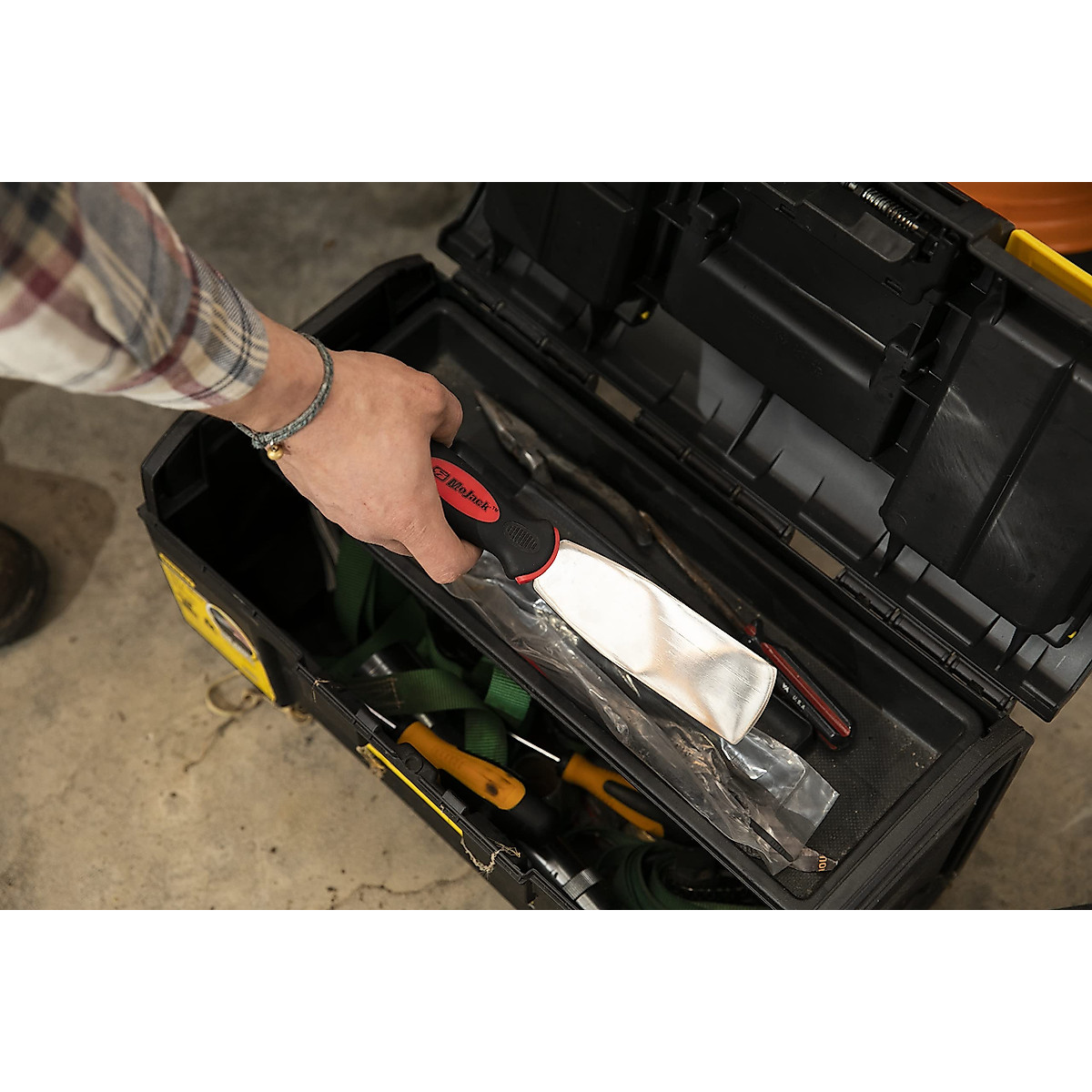 Mojack Heavy-Duty Stainless-Steel Lawn Mower Maintenance Deck Scraper – EZ Rubberized Non-Slip Grip Handle, 10.25” x 2”