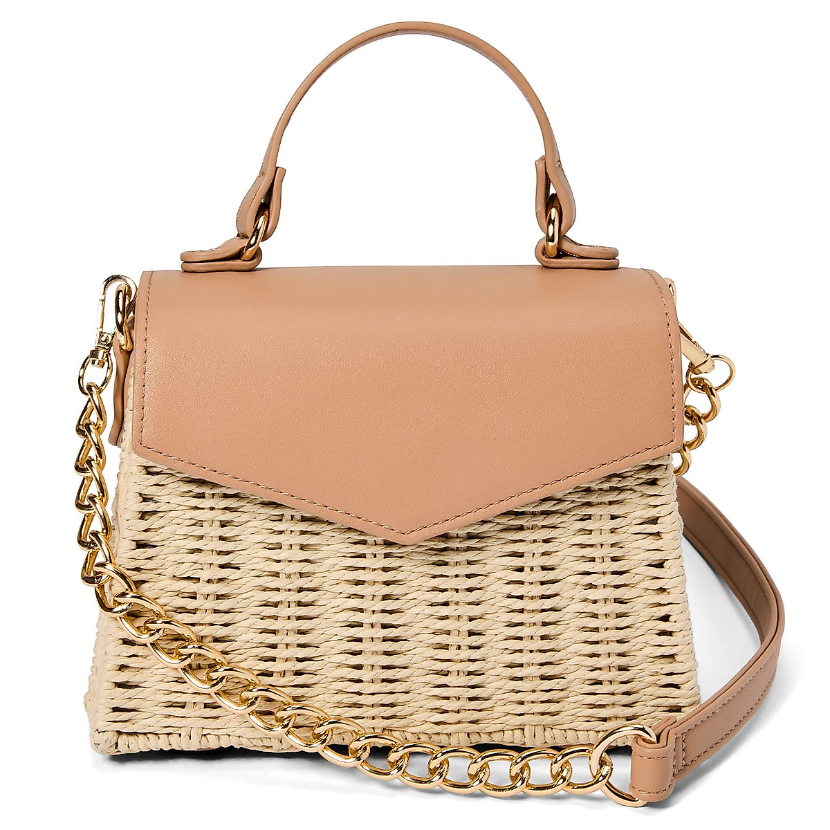 Like Dreams Fashion Chic Woven Straw Crossbody for Women Gold Chain Link Inner Plaid Fashion Summer Purse (Taupe)