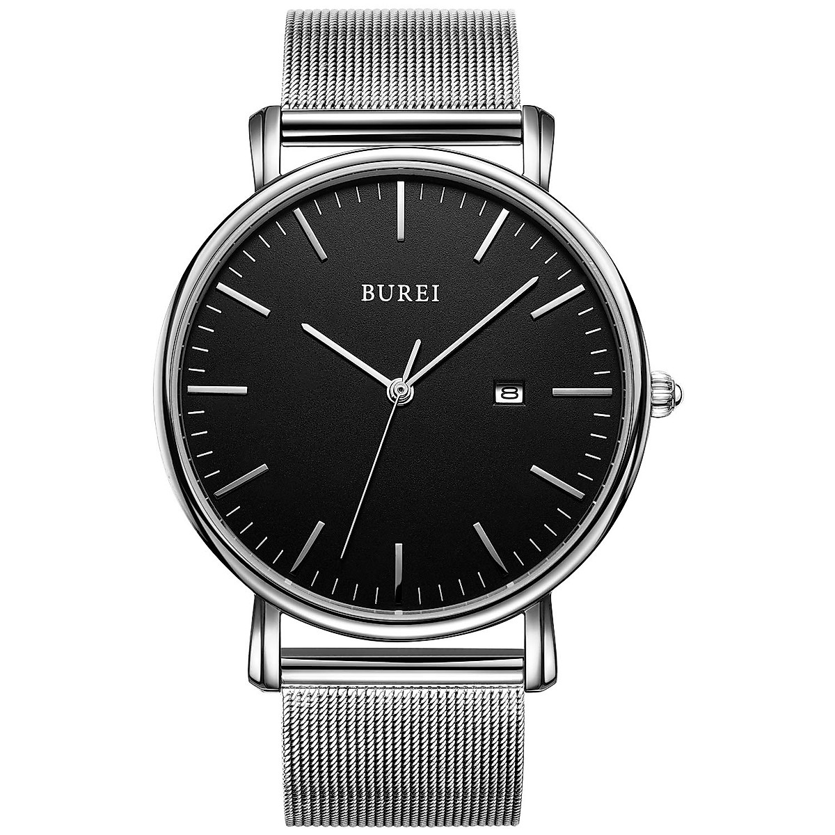 BUREI Men Black Dial Silver Mesh Band Watches Minimalist Analog Quartz Watches for Men Gifts for Men